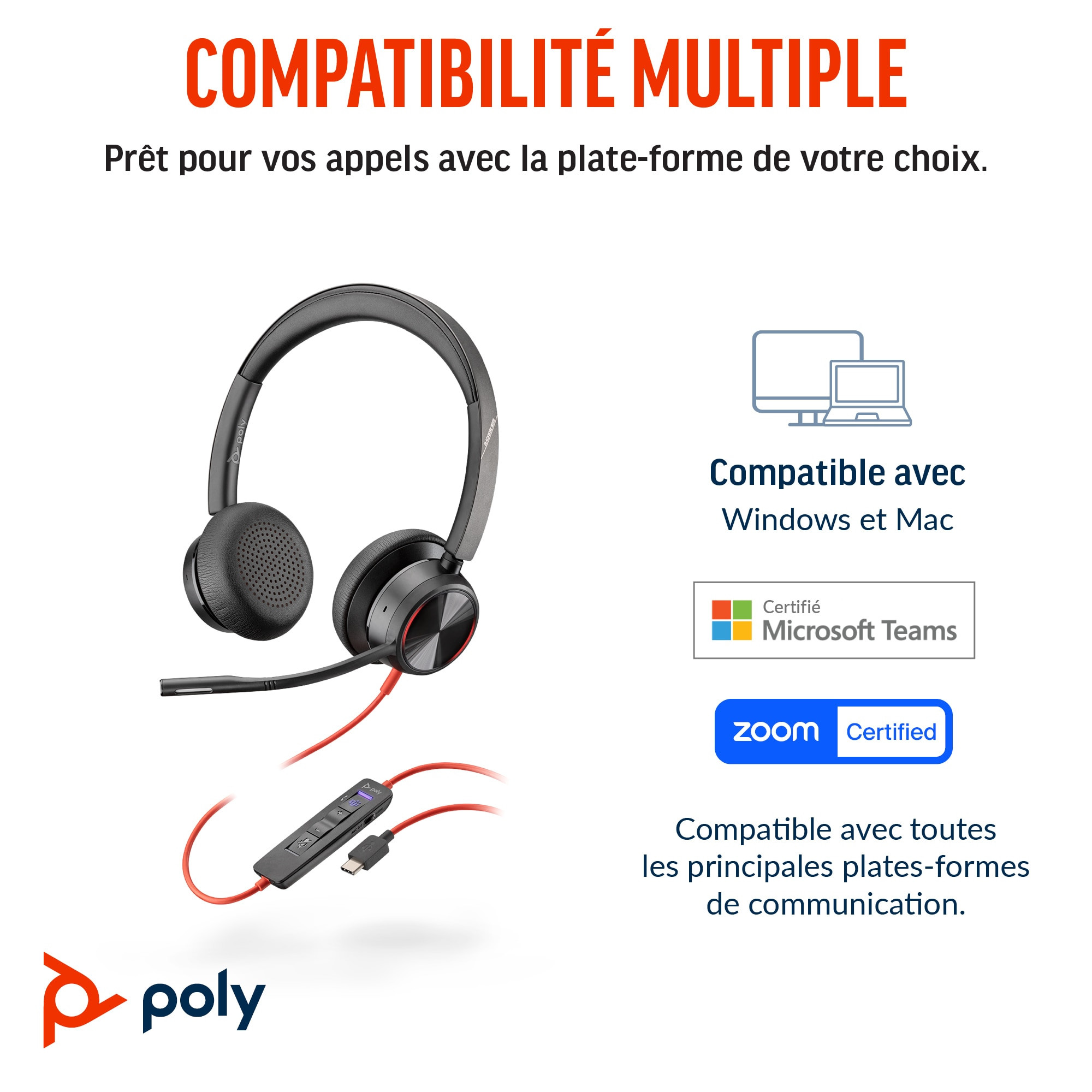 POLY Micro-casque Blackwire 8225 stéréo USB-C certifié Microsoft Teams ...