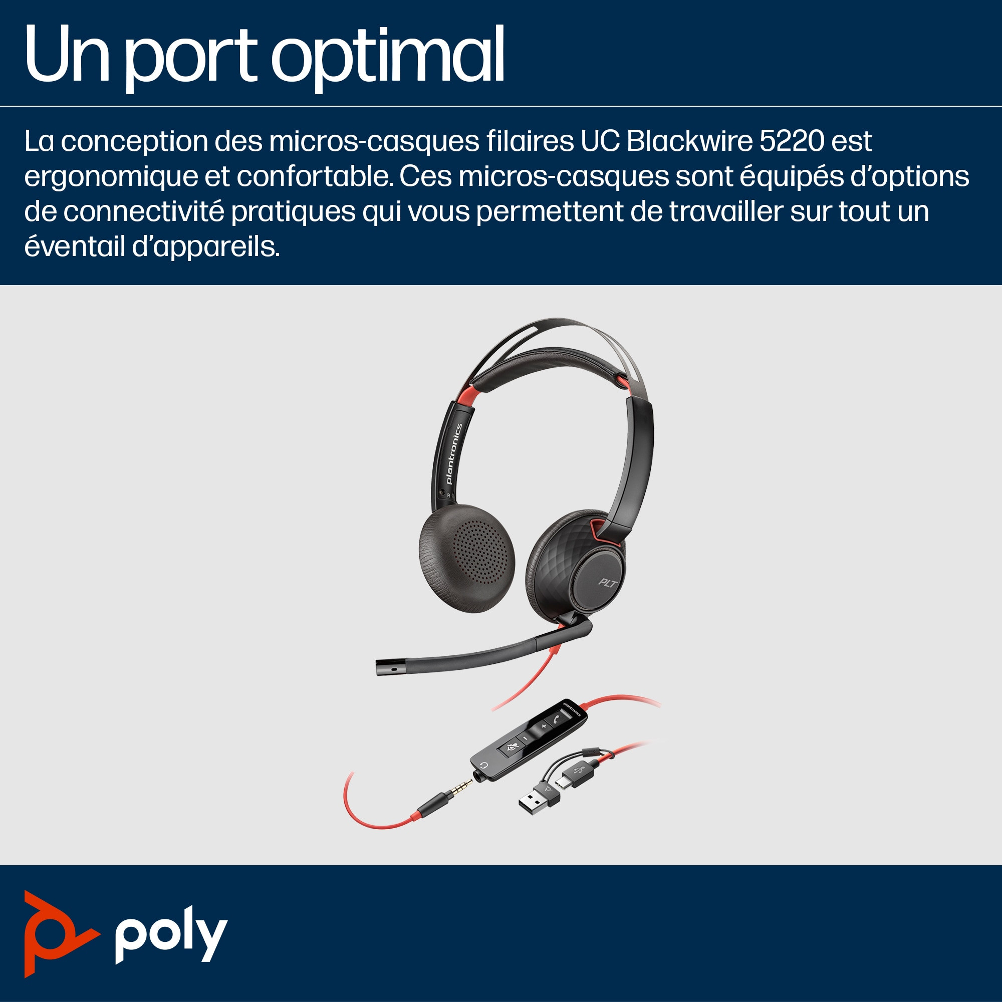 POLY Micro-casque stéréo USB-C Blackwire 5220 + prise 3,5 mm ...