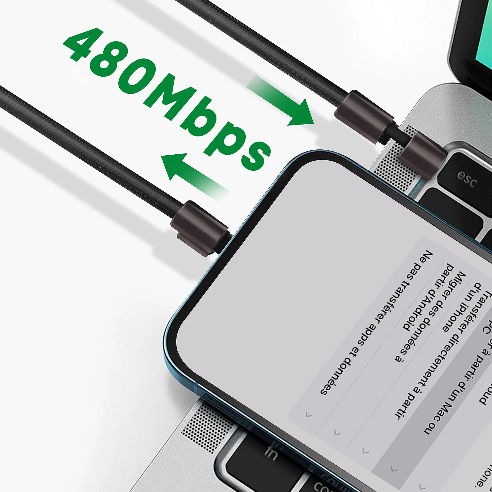 4smarts Câble Cordon USB Type C 60W Power Delivery Design Tressé Noir ...