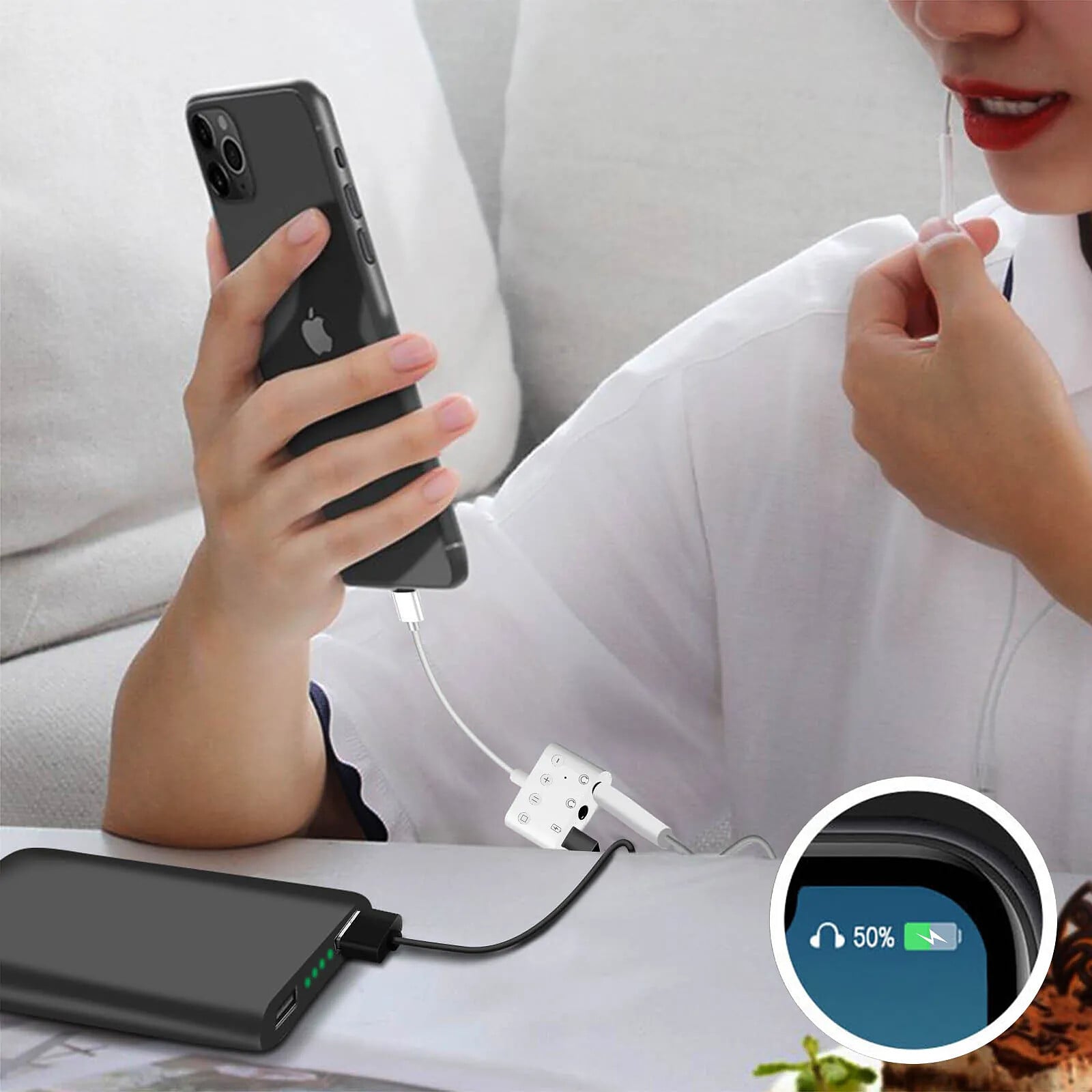 Avizar Adaptateur Audio/Charge Lightning vers Lightning et Double Jack 3.5mm 12cm Blanc prix Maroc