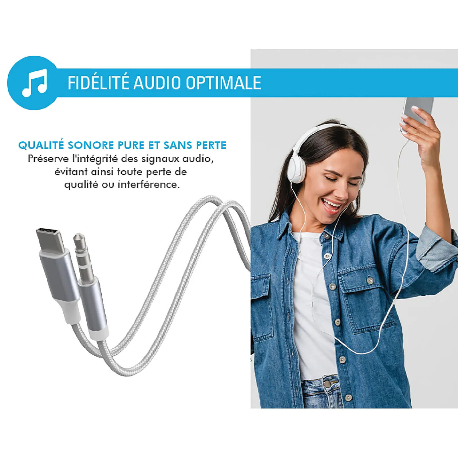 Force Power Câble Audio USB-C vers Jack 3.5mm en Nylon Tissé Renforcé 1 ...
