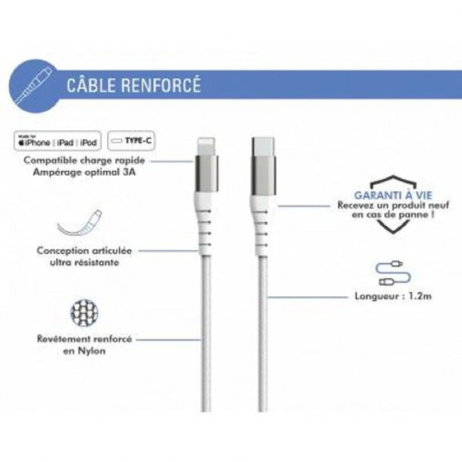 Force Power Câble Renforcé USB C/Lightning 2m 3A Blanc prix Maroc