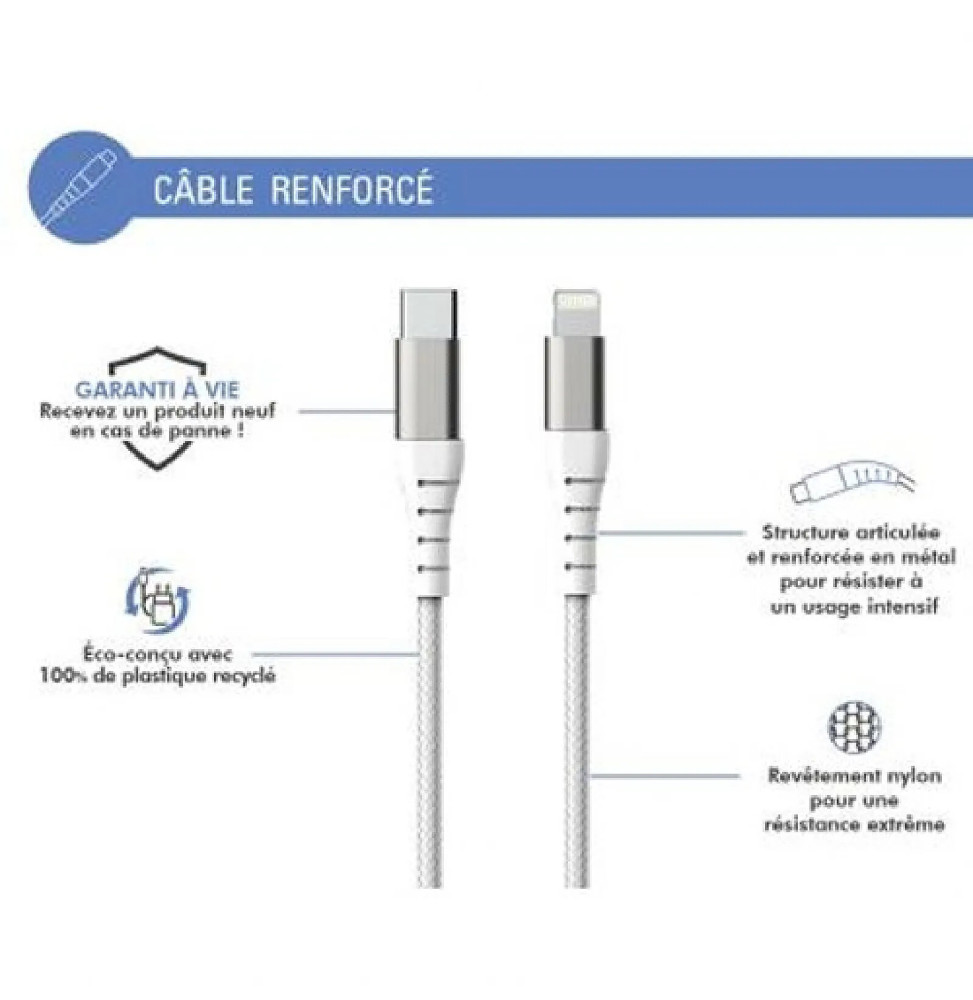 Force Power Câble Renforcé USB C/Lightning 3m - 3A Blanc prix Maroc
