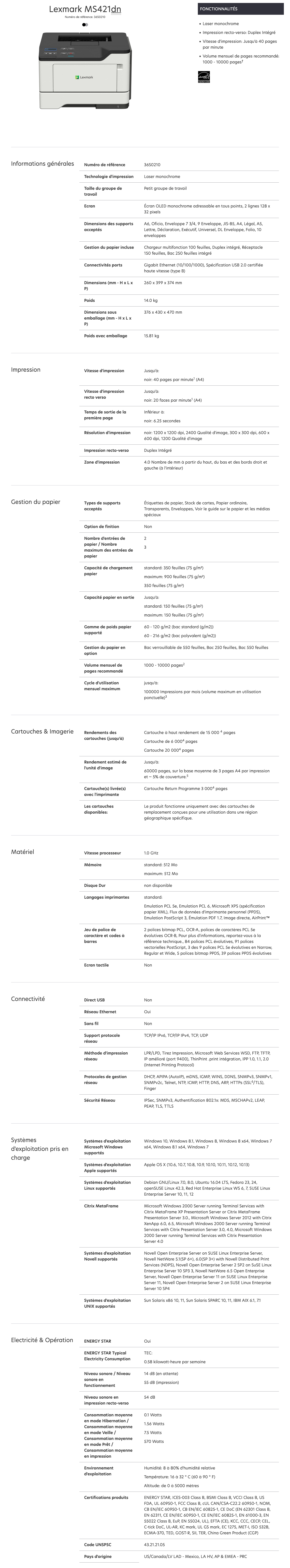 Imprimante Laser Monochrome Lexmark MS421dn (36S0210) prix Maroc