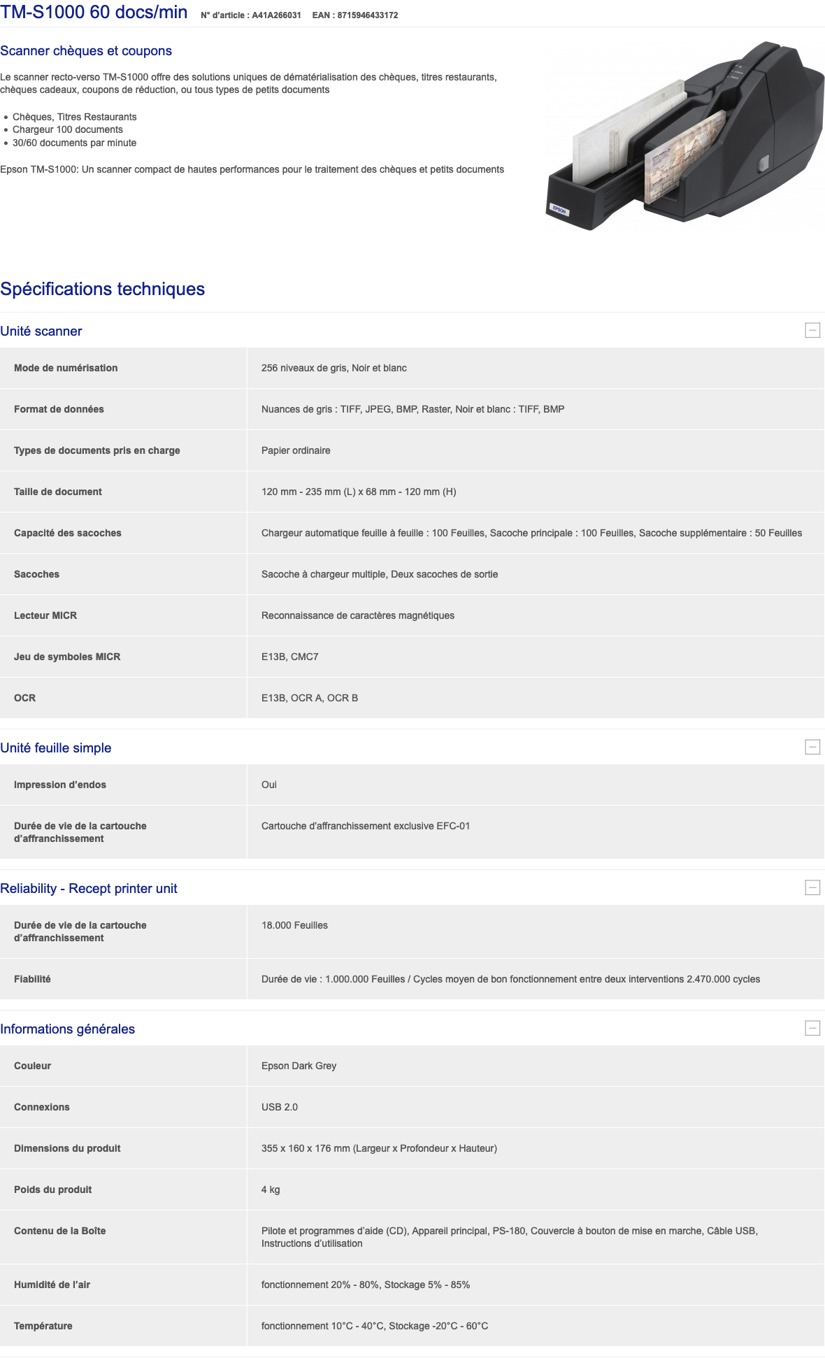 Scanner de chèque Epson TM-S1000 (A41A266031) prix Maroc