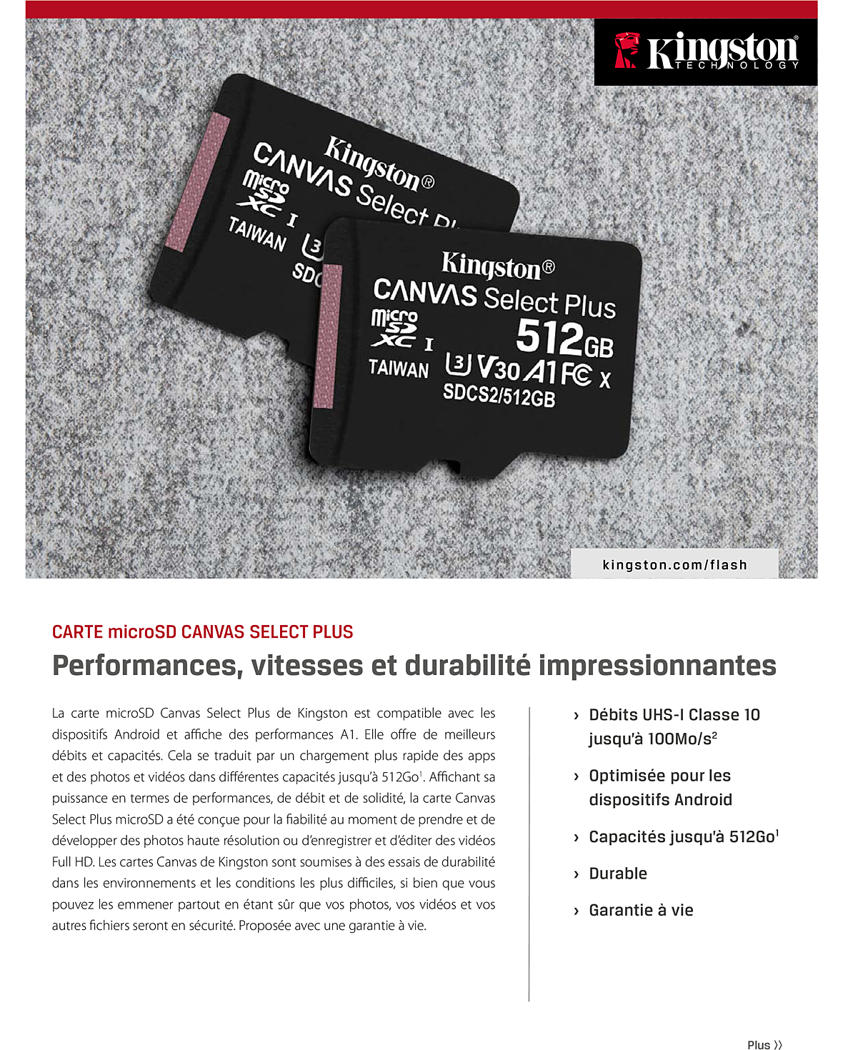 Carte mémoire Kingston Canvas Select Plus microSD - 64Go - Avec ...