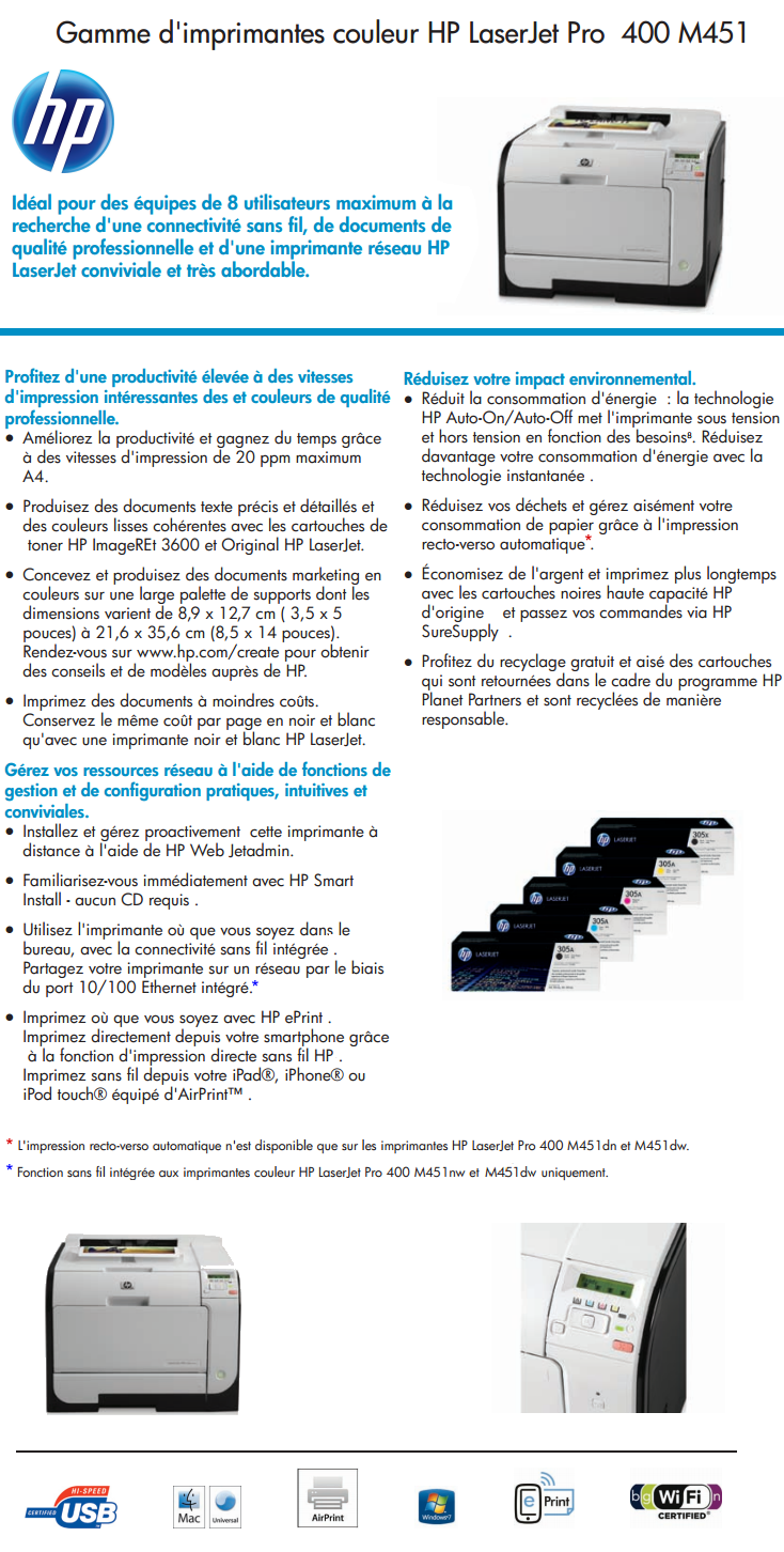 Imprimante couleur HP LaserJet Pro 400 M451nw (CE956A) prix Maroc