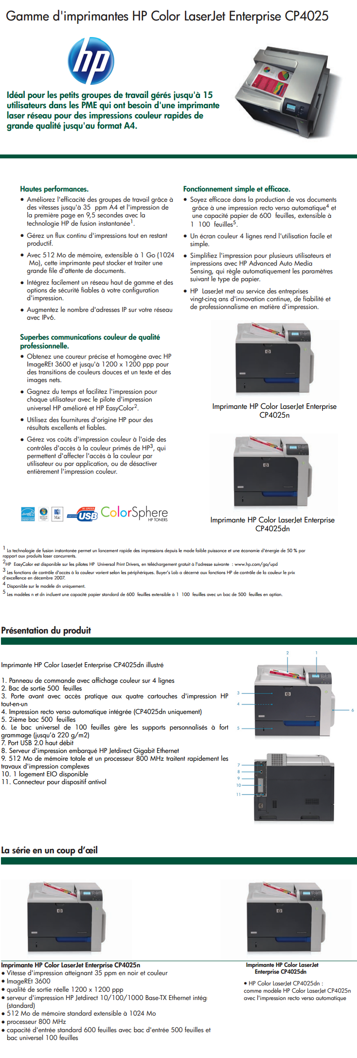 Imprimante Laser HP Color LaserJet Enterprise CP4025dn (CC490A) prix Maroc