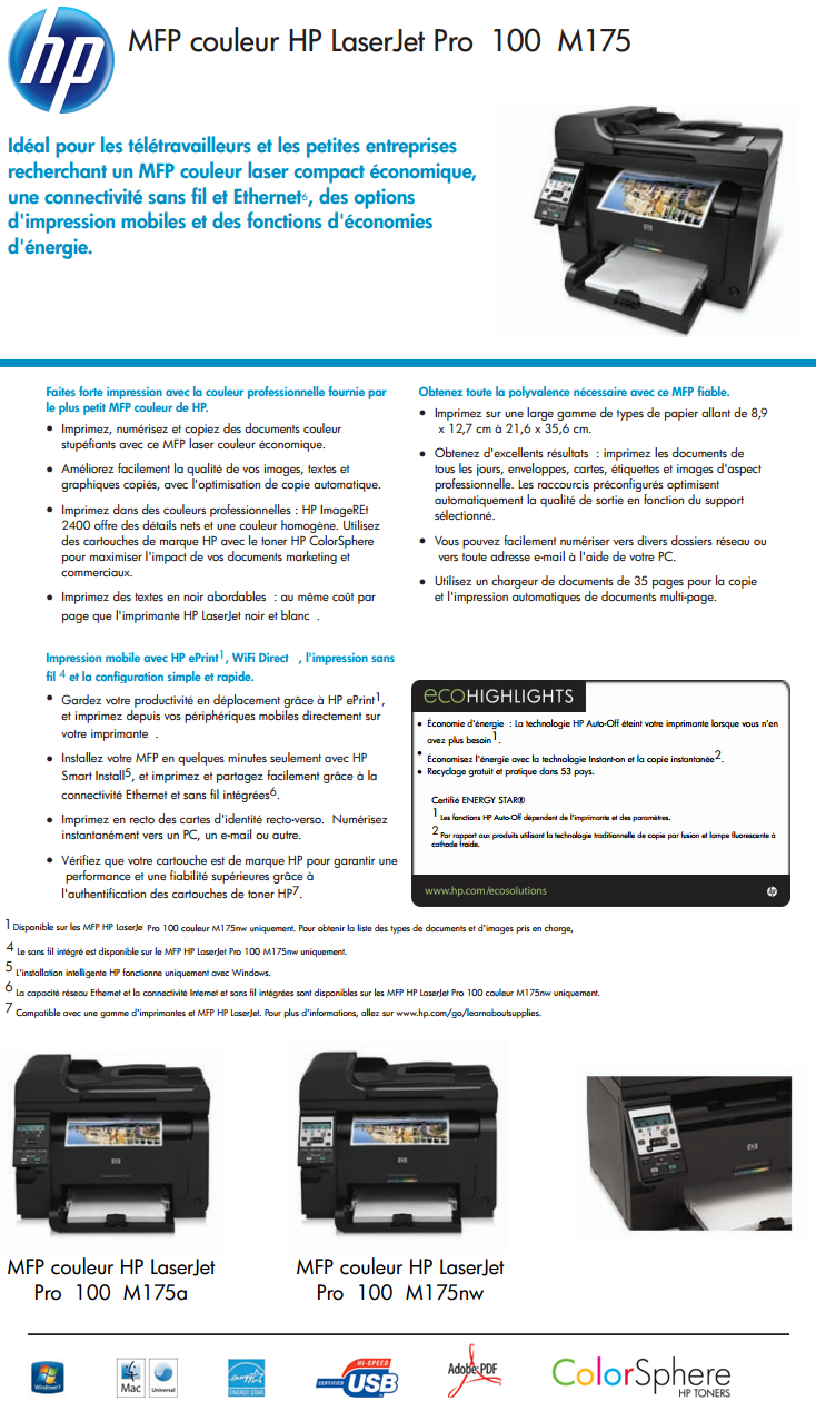 Imprimante multifonction A4 couleur HP LaserJet Pro 100 M175nw (CE866A ...
