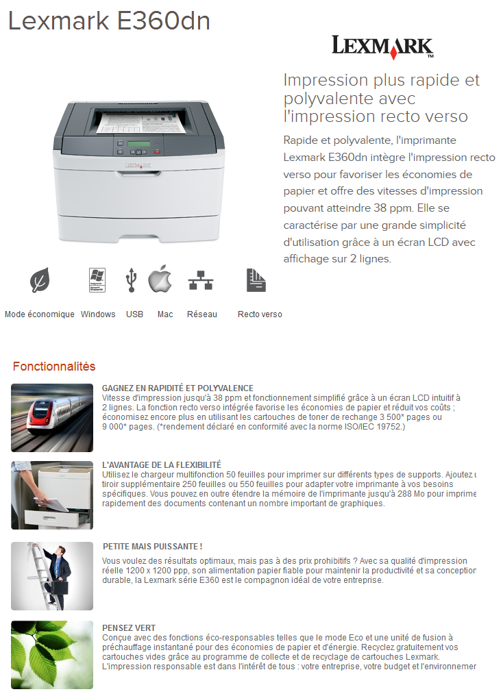 Imprimante laser monochrome Lexmark E360dn (34S0512) prix Maroc