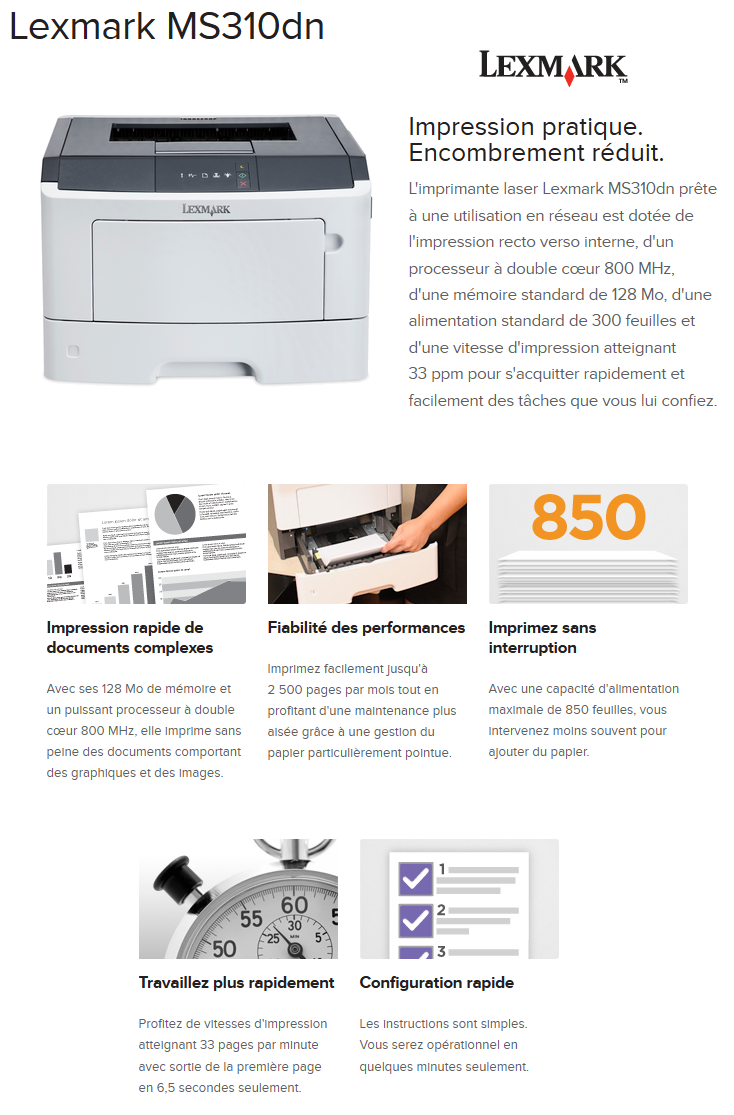 Imprimante laser monochrome Lexmark MS310dn prix Maroc