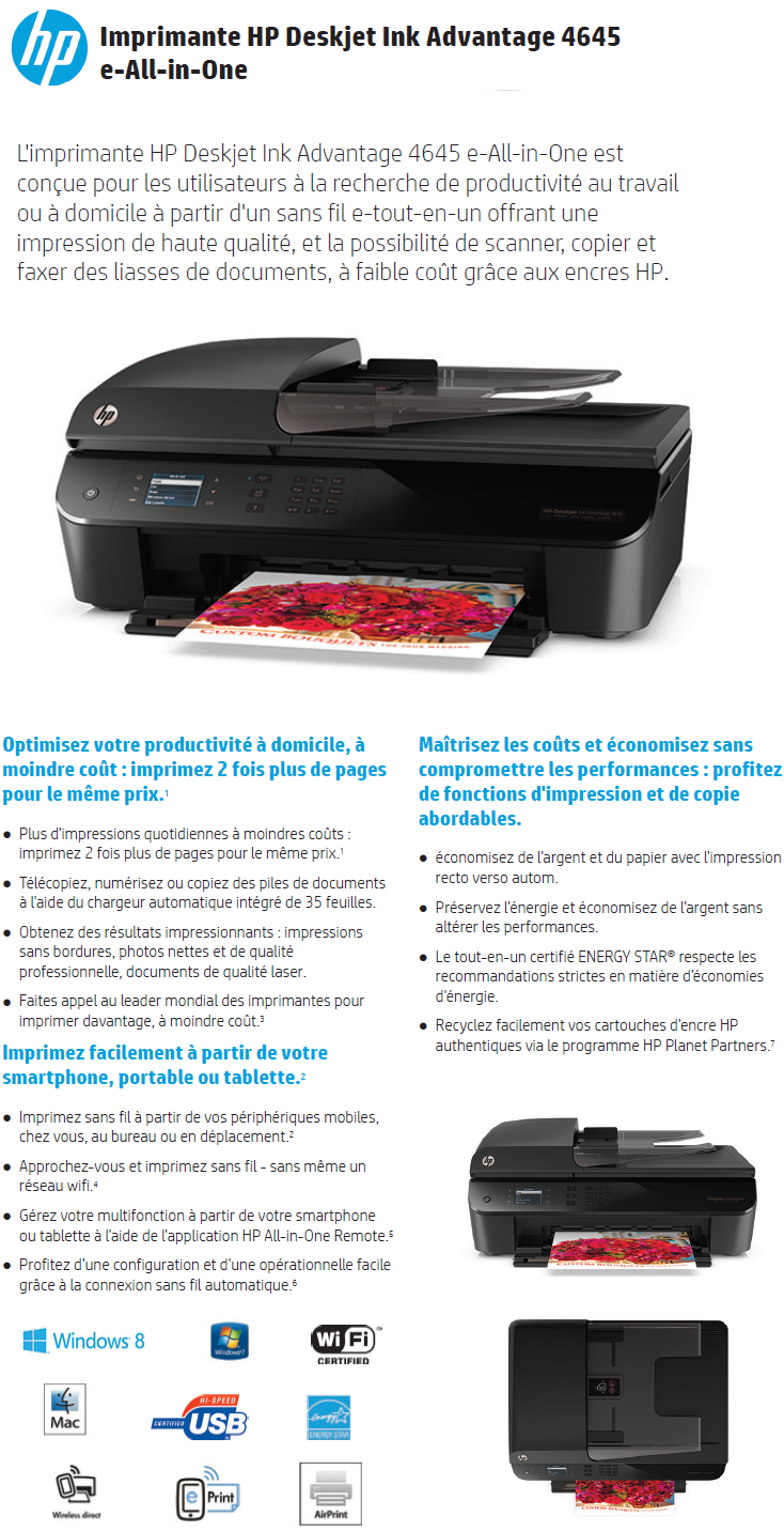 Imprimante HP Deskjet Ink Advantage 4645 e-All-in-One (B4L10C) prix Maroc
