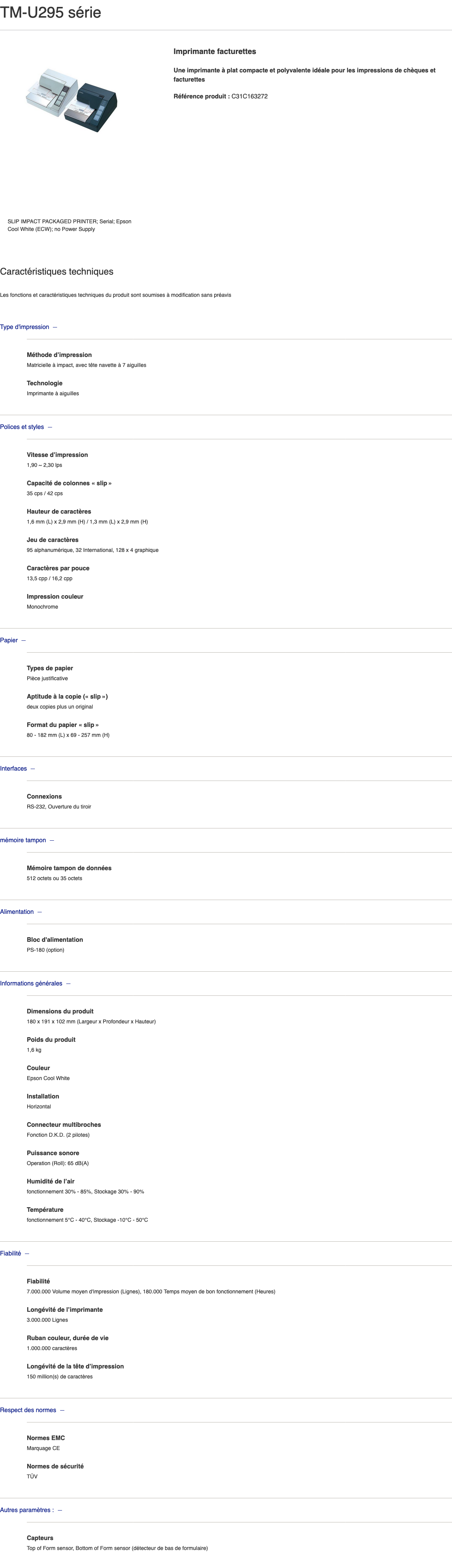 Imprimante facturettes Monochrome EPSON TM-U295 série sans Cordon d ...