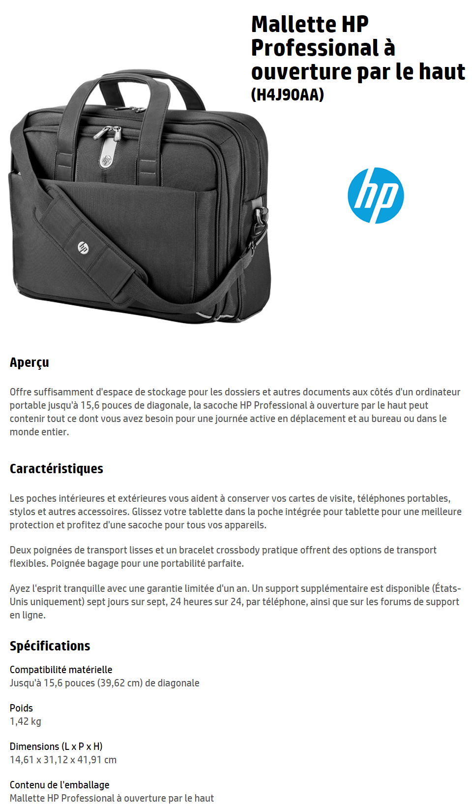 Mallette HP Professional à ouverture par le haut (15.6") (H4J90AA) prix ...