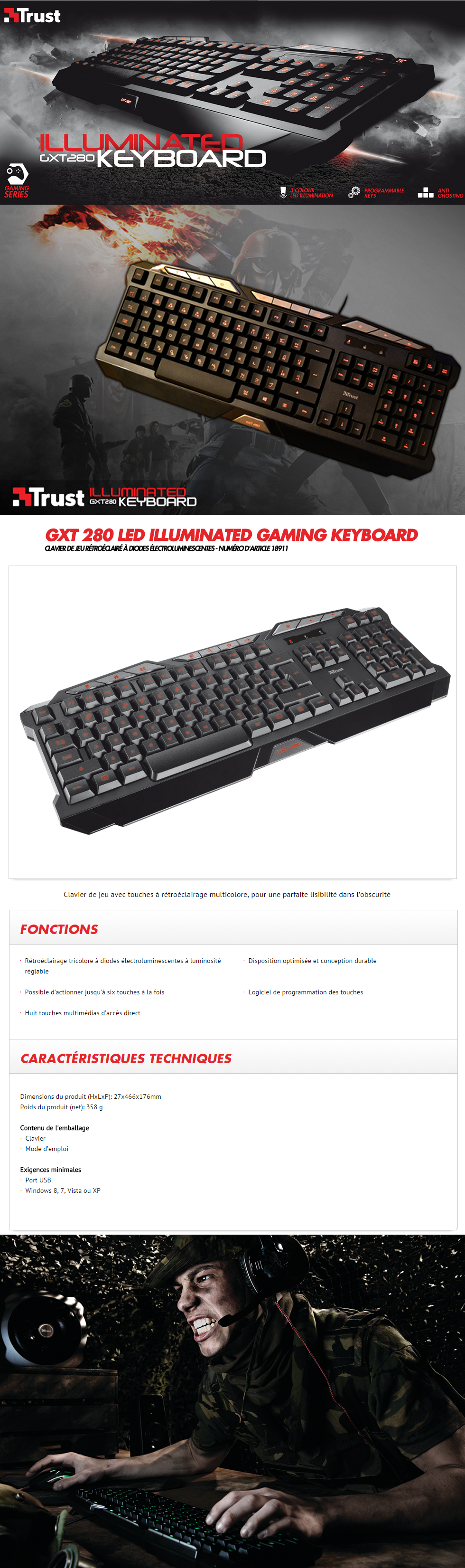 Clavier à touches rétro-éclairées Trust Gaming GXT 280 LED illuminated - AZERTY USB prix Maroc