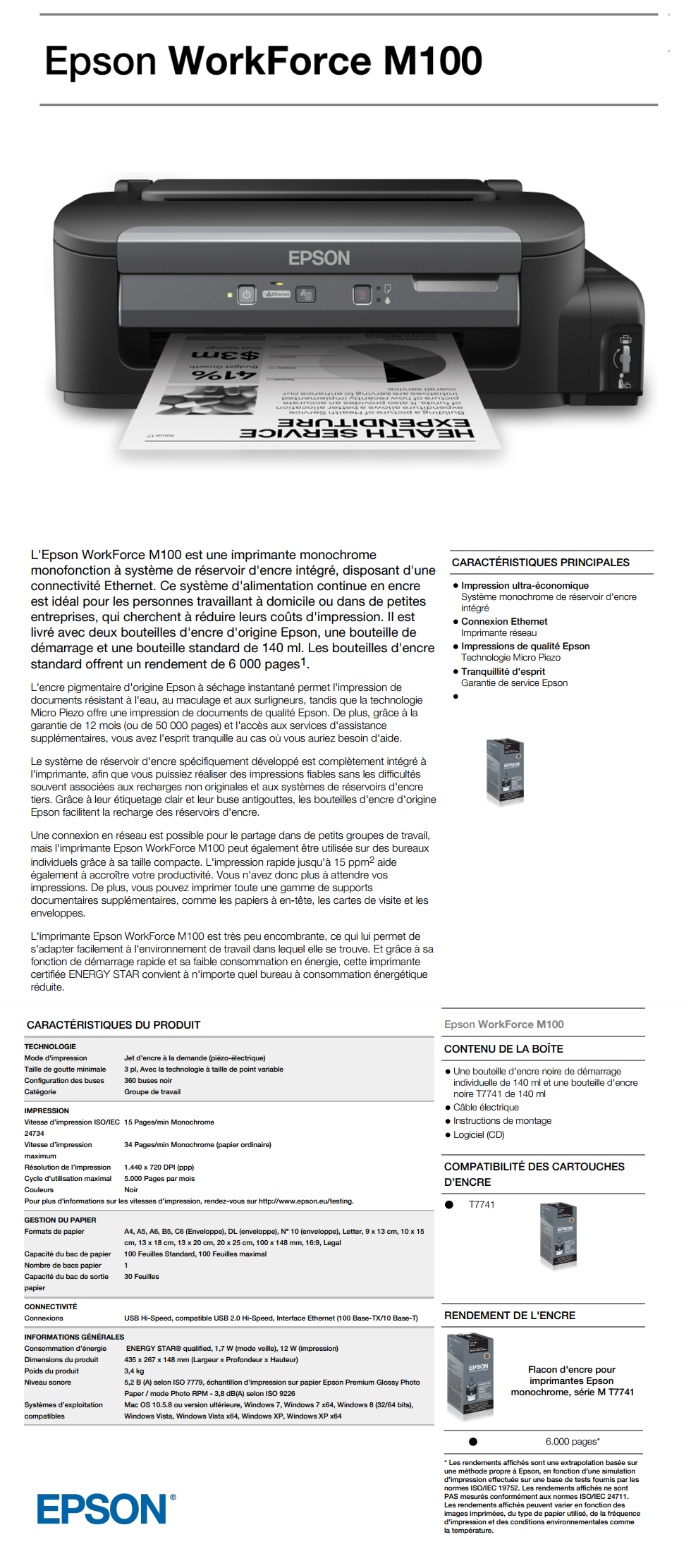 Imprimante A4 monochrome Jet d'encre EPSON WORKFORCE M100 (C11CC84301 ...