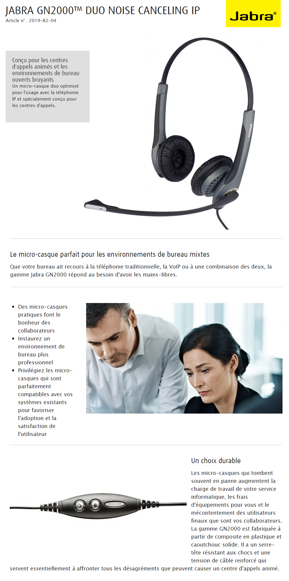 Micro-casque filaire IP Anti-Bruit Duo Jabra GN2000 prix Maroc