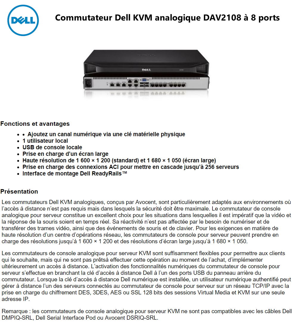 Switch Dell KVM analogique DAV2108 à 8 ports pour serveur KVM prix Maroc