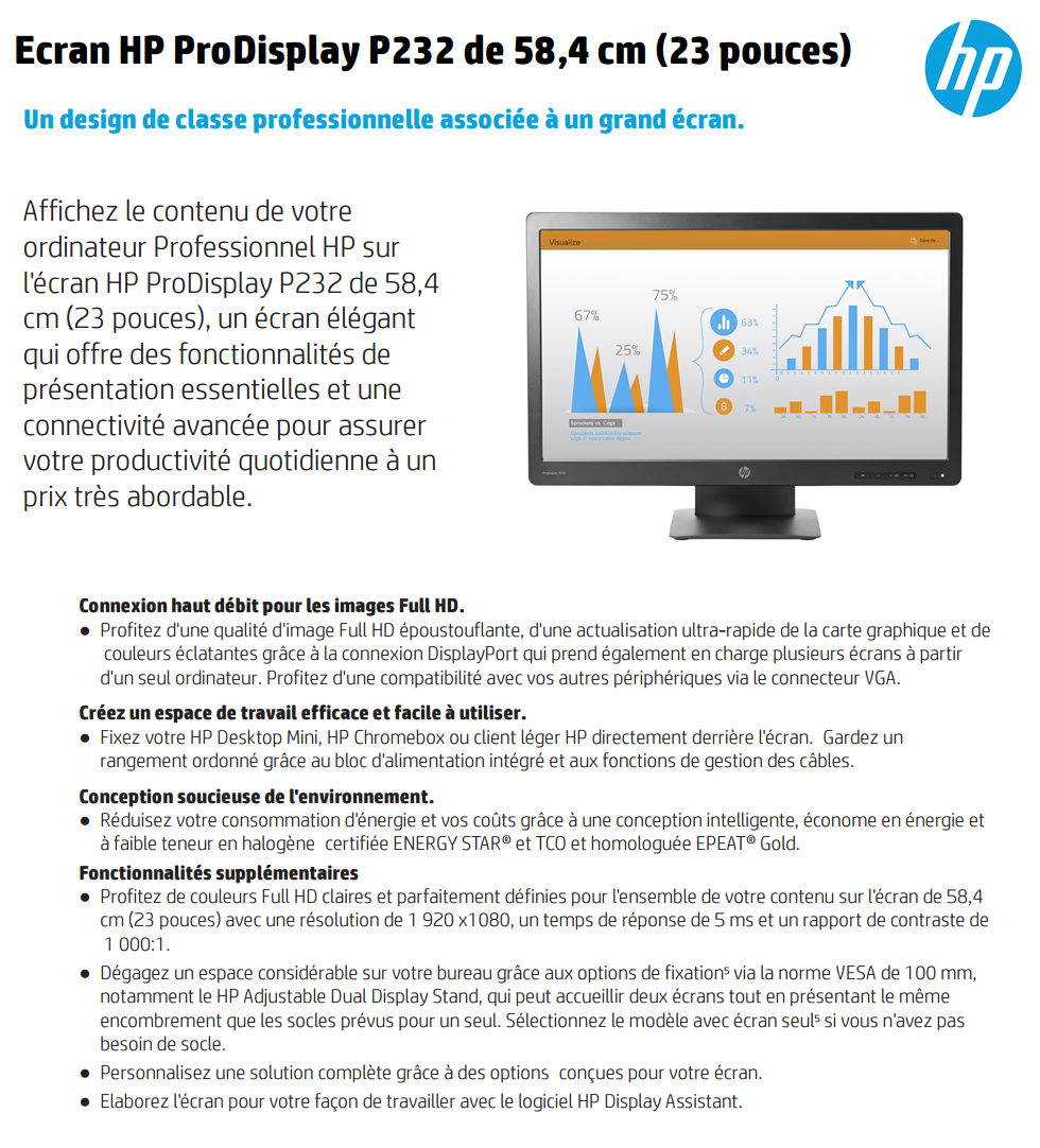 Écran 23" Full HD HP ProDisplay P232 (K7X31AS) prix Maroc