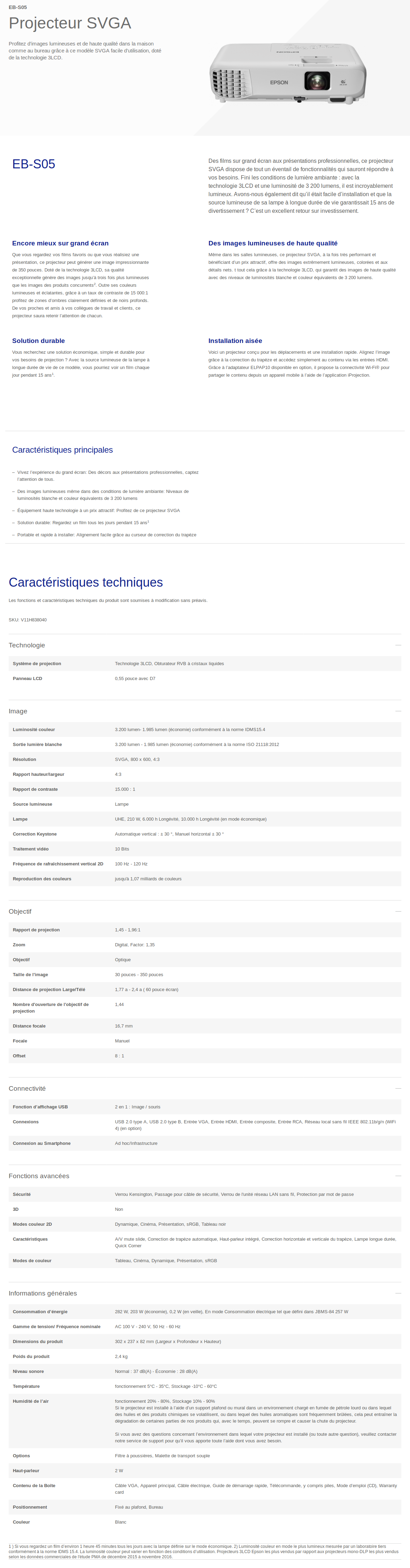Epson EB-S05 Vidéoprojecteur SVGA(800 x 600) (V11H838040) prix Maroc