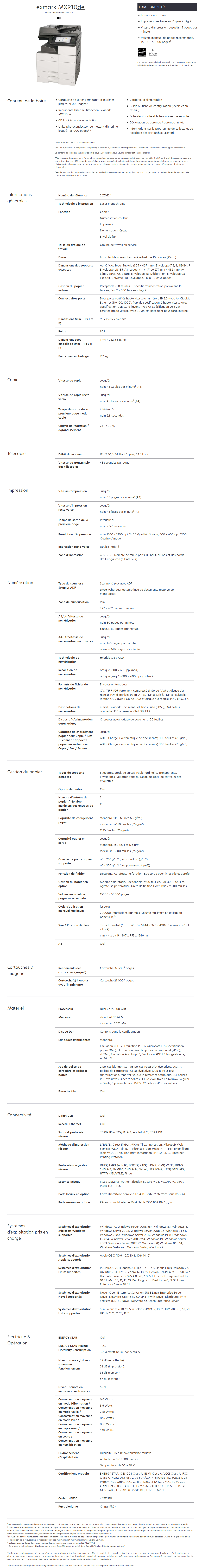 Imprimante A3 Multifonction Laser Monochrome Lexmark MX910de (26Z0200) prix Maroc