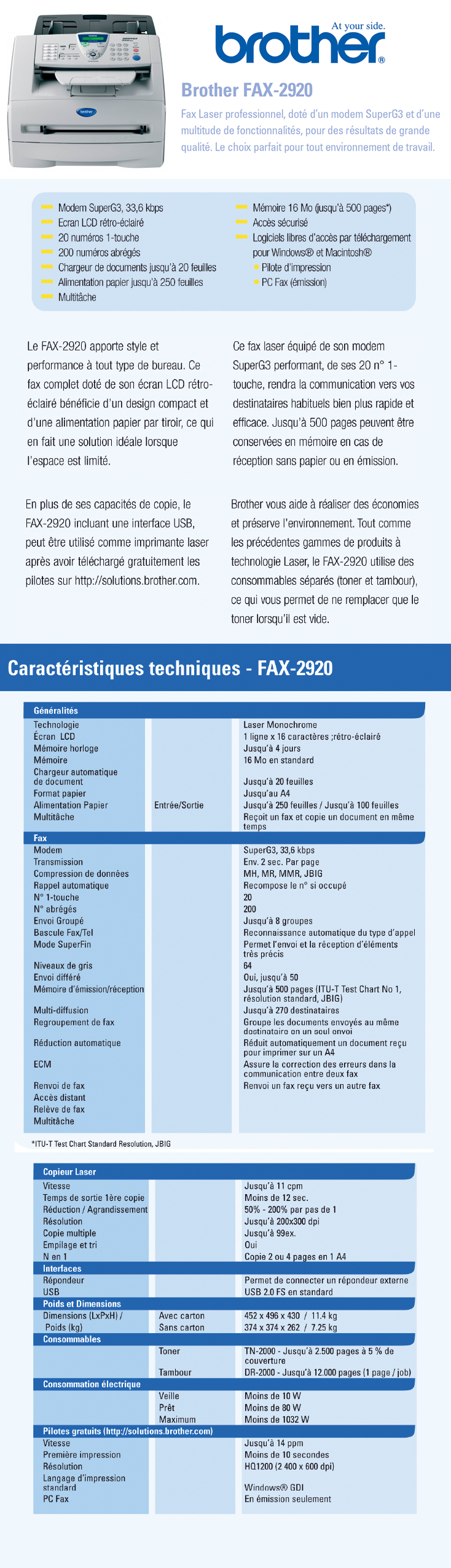 Télécopieur laser Brother FAX-2920 prix Maroc