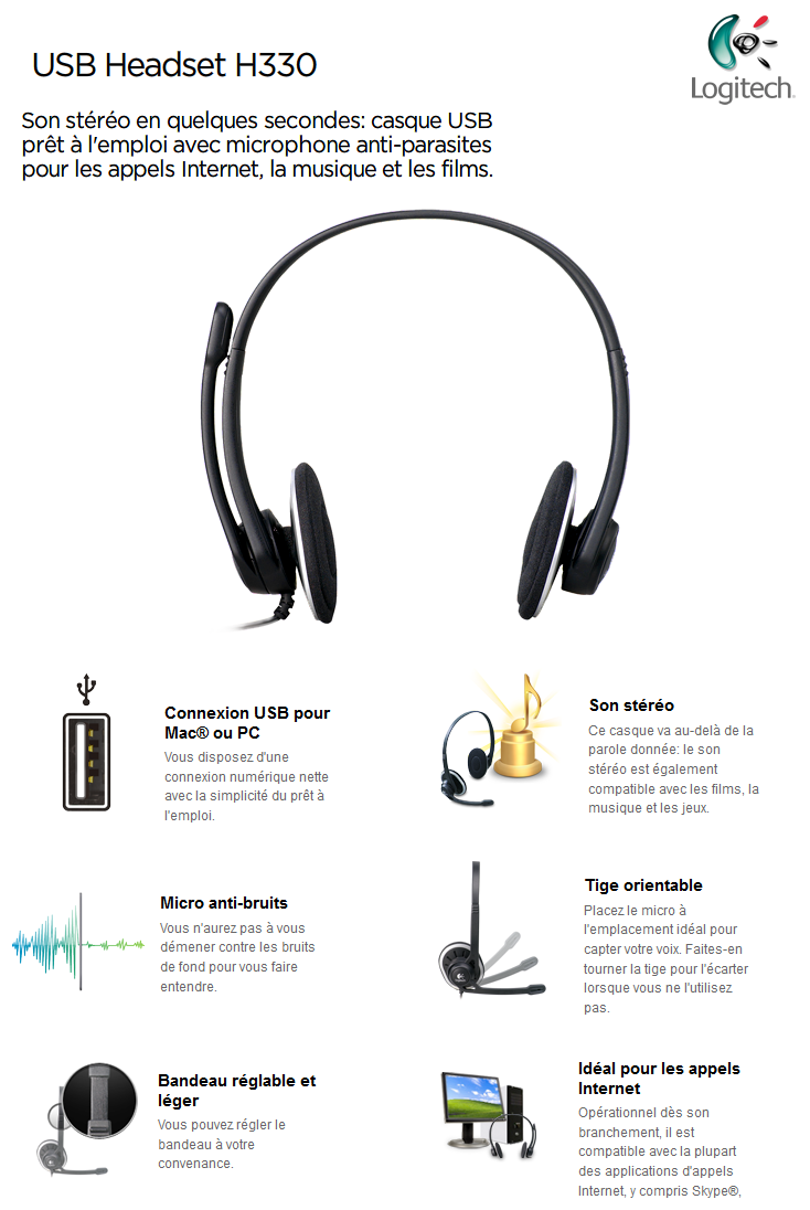 Logitech USB Headset H330 prix Maroc
