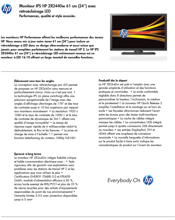 Moniteur IPS HP ZR2440w 61 cm (24") avec rétroéclairage LED (XW477A4 ...