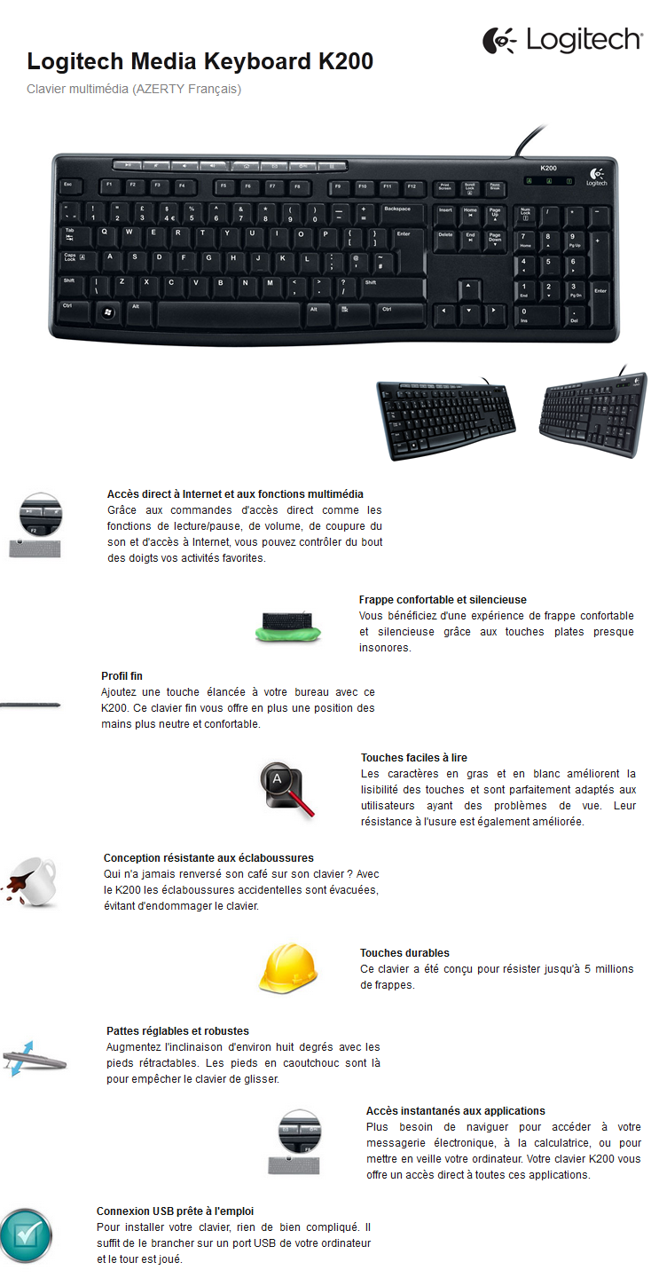 Clavier Logitech Media Keyboard K200 - AZERTY prix Maroc