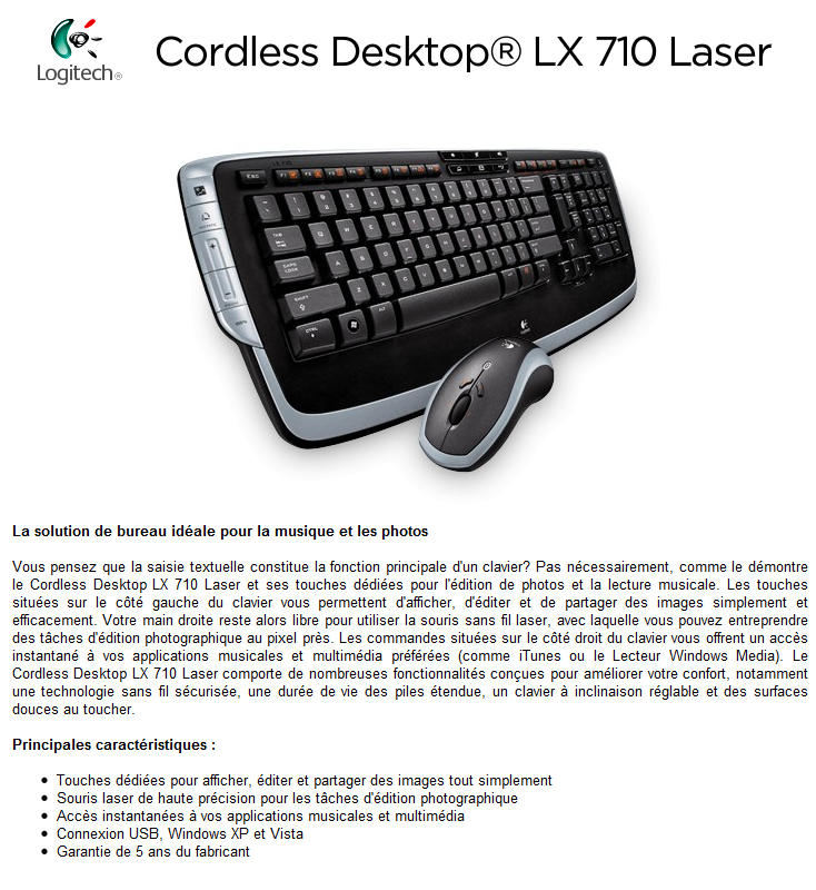 Clavier souris Logitech Cordless Desktop LX 710 Laser prix Maroc
