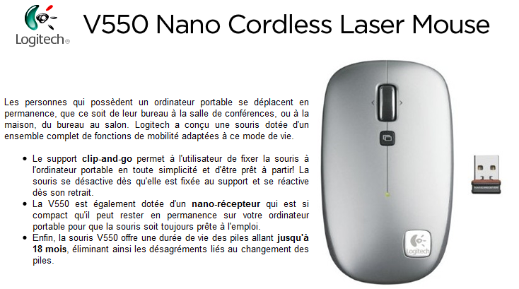 Logitech V550 Nano Cordless Laser Mouse prix Maroc